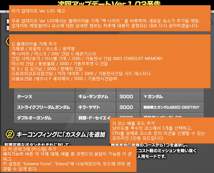 건담 EXVS FORCE 일본 업데이트 내용