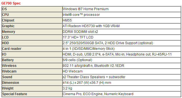 MSI GE700 - GE600 후속제품